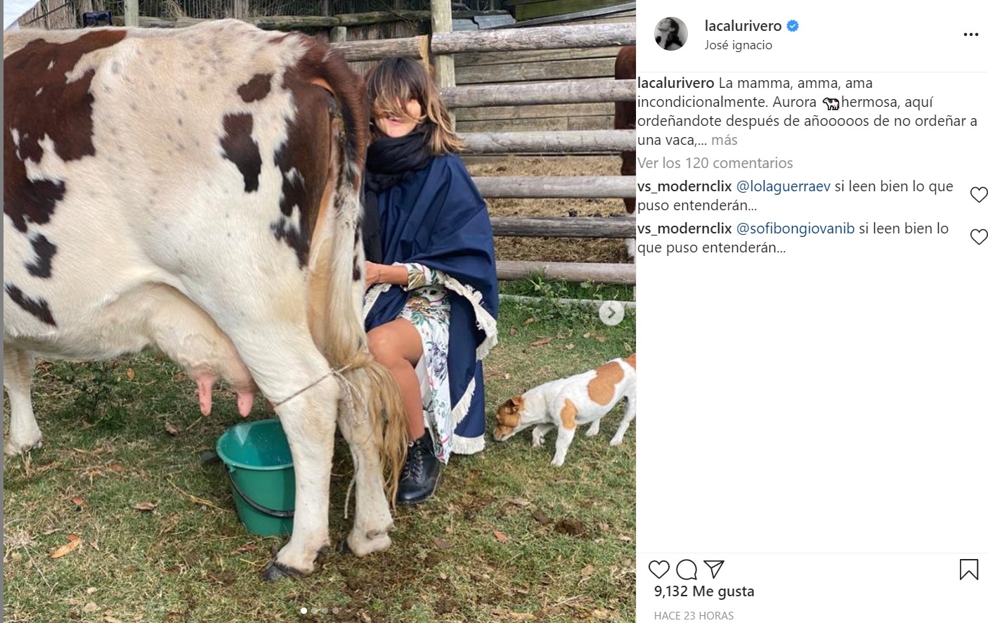 Calu Rivero a su vaca Aurora: “Gracias por permitirme sacar tu leche”