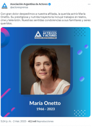 Falleció María Onetto: la actriz tenía 56 años y fue hallada en su casa
