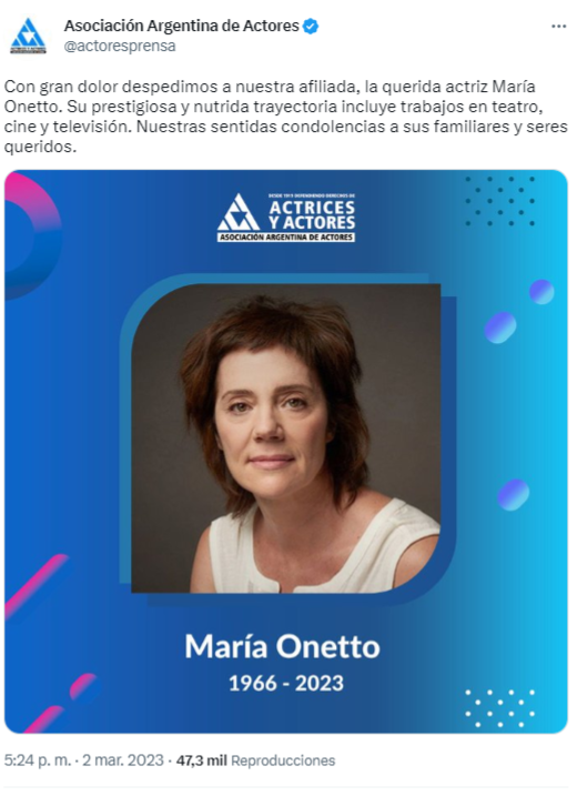 Falleció María Onetto: la actriz tenía 56 años y fue hallada en su casa